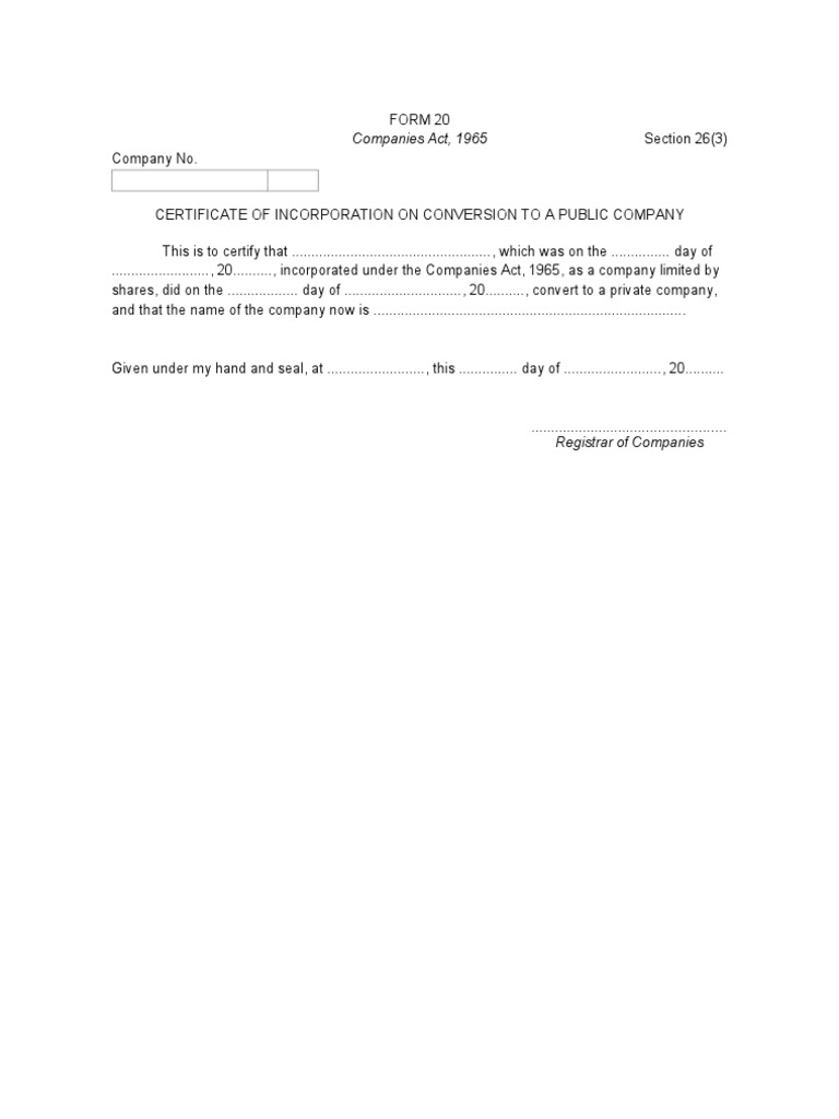 Form 20 Certificate of Incorporation On Conversion To A Public Company ...