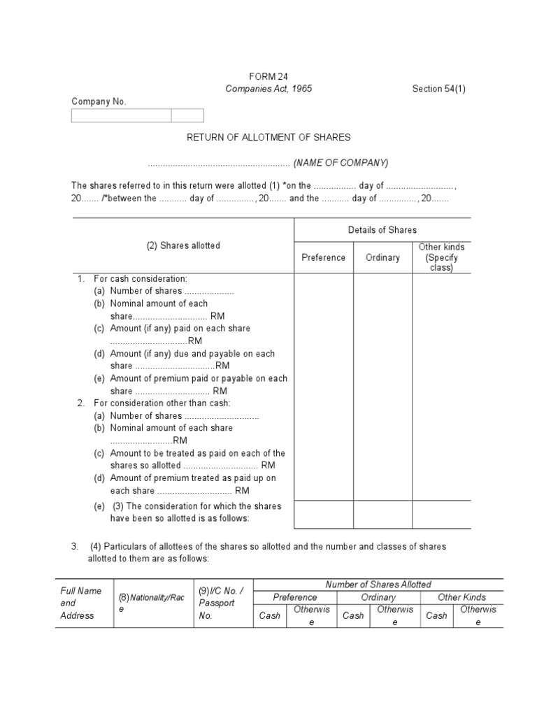 Form 24 Return of Allotment of Shares | PDF
