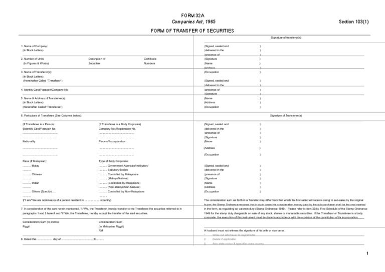 Form 32A Form of Transfer of Securities | Signature | Securities (Finance)