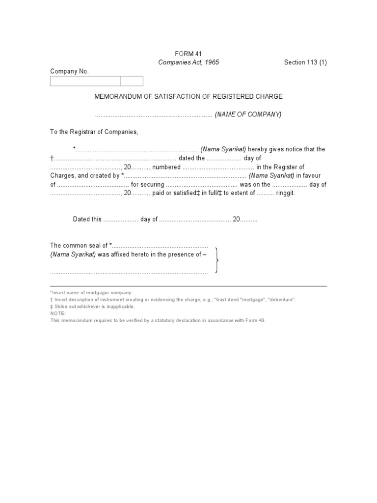 Form 41 Memorandum of Satisfaction of Registered Charge | PDF | Finance ...