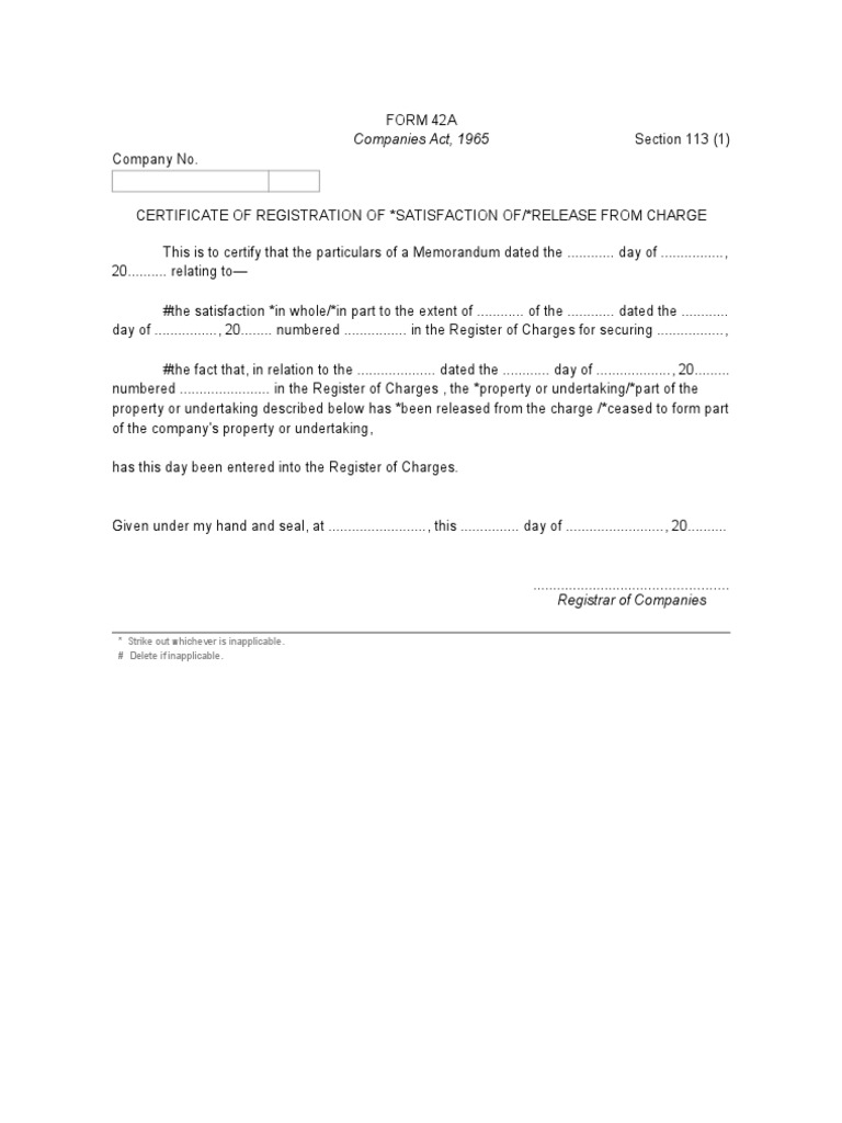 Form 42A Certificate of Registration of Satisfaction of or Release From ...