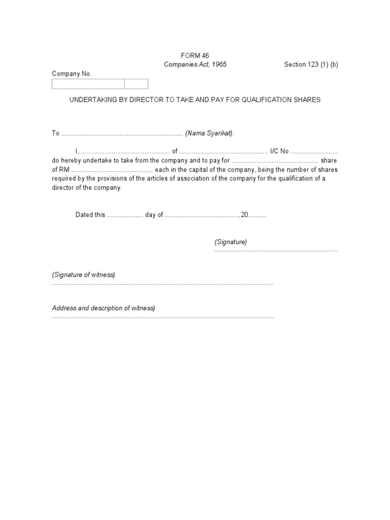 Form 46 Undertaking by Director To Take and Pay For Qualification ...