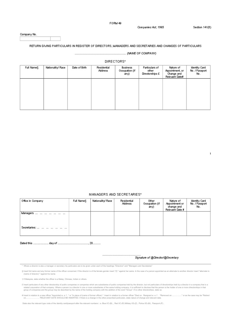 Form 49 Return Giving Particulars in Register of Directors, Managers ...