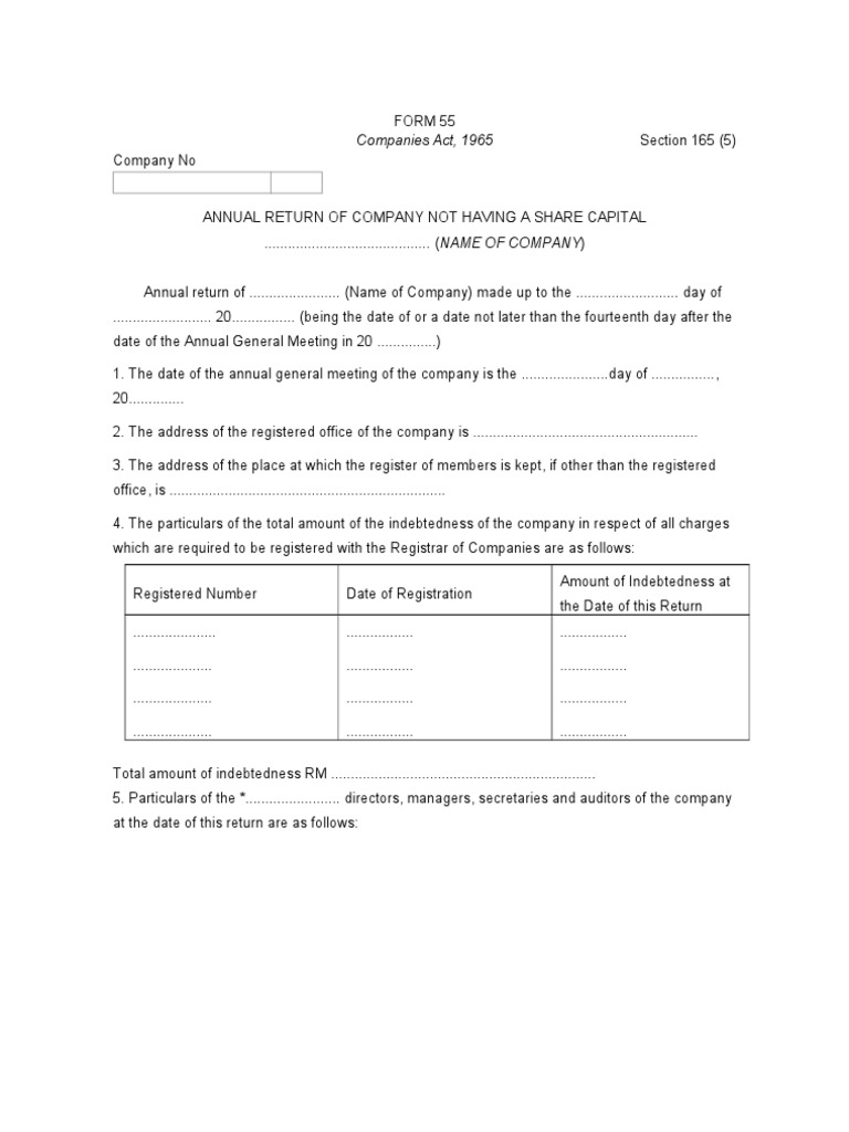 Form 55 Annual Return of Company Not Having A Share Capital | PDF ...