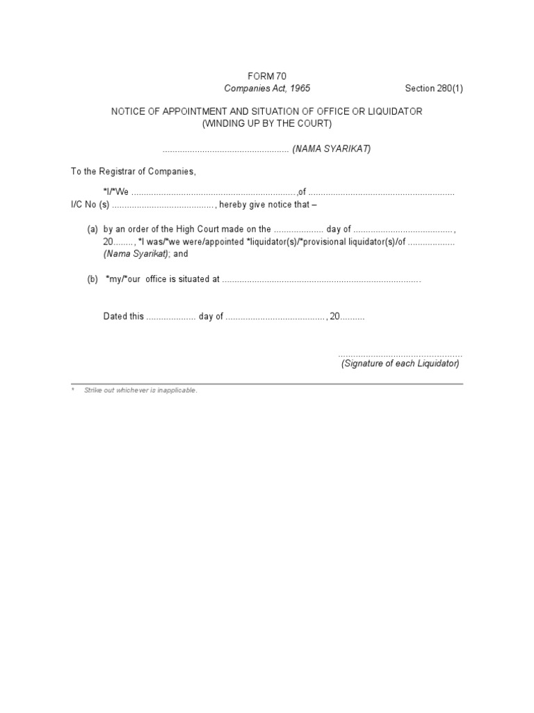 Liquidator Appointment Notice Form 70 | PDF | Liquidation | Law And ...