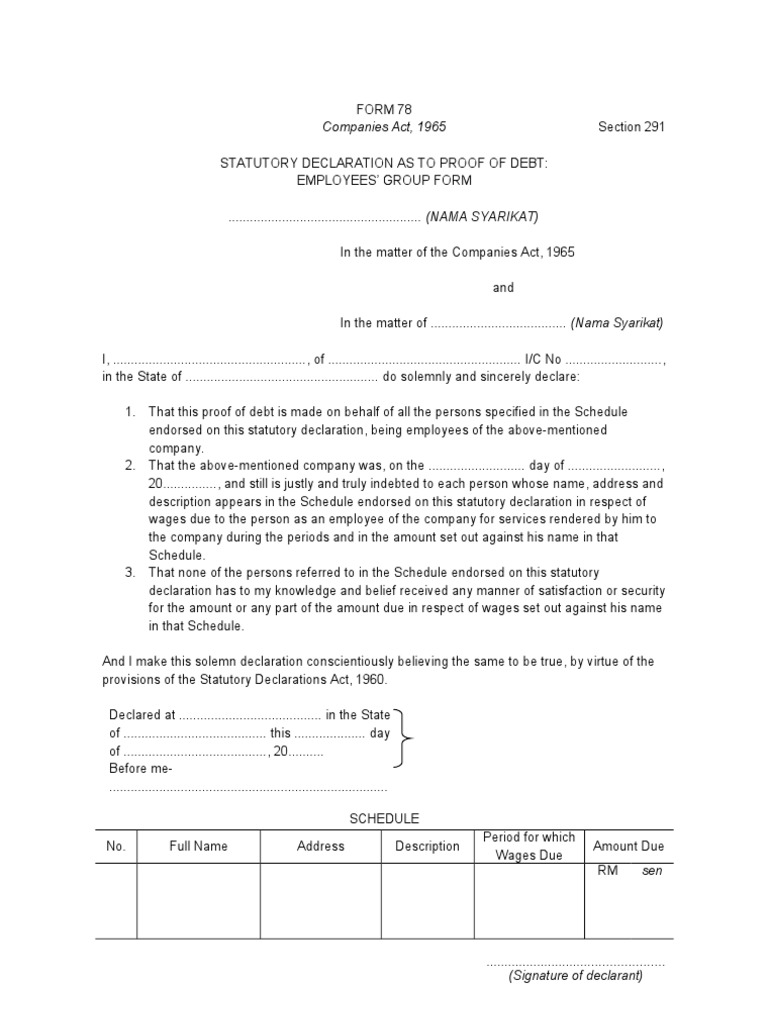Form 78 Statutory Declaration As To Proof of Debt - Employees Group ...