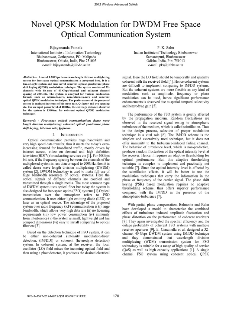 Novel Qpsk Modulation For Dwdm Free Space Optical Communication System Pdf Wavelength
