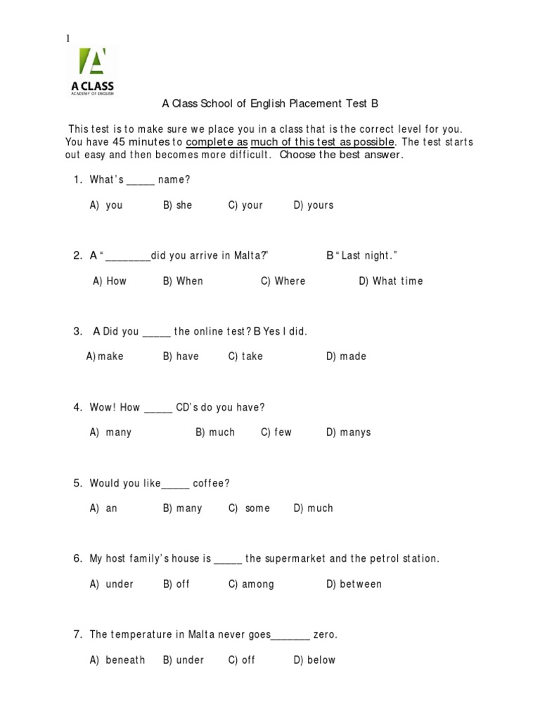 English Placement Test | Download Free PDF | Sleep