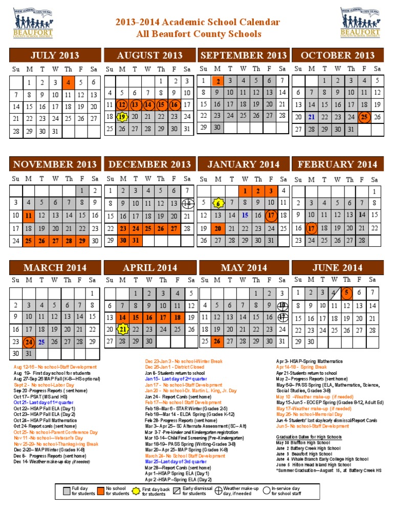 Beaufort County Schools 2013-2014 Calendar | PDF | Secondary School ...