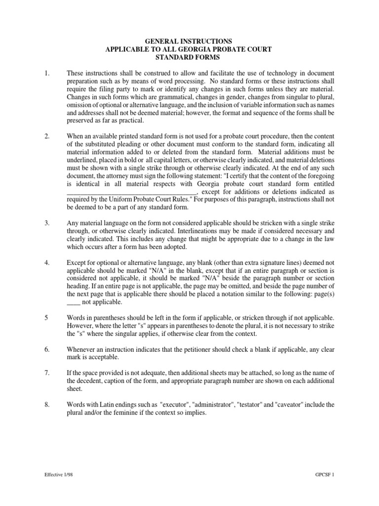 General Instructions Applicable To All Georgia Probate Court Standard ...