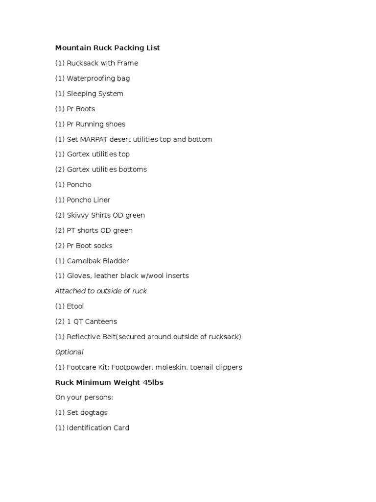 Mountain Ruck Packing List: Attached To Outside of Ruck | PDF