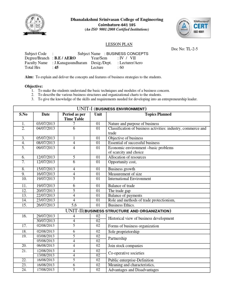 Business Concepts Lesson Plan | PDF | Economics | Business