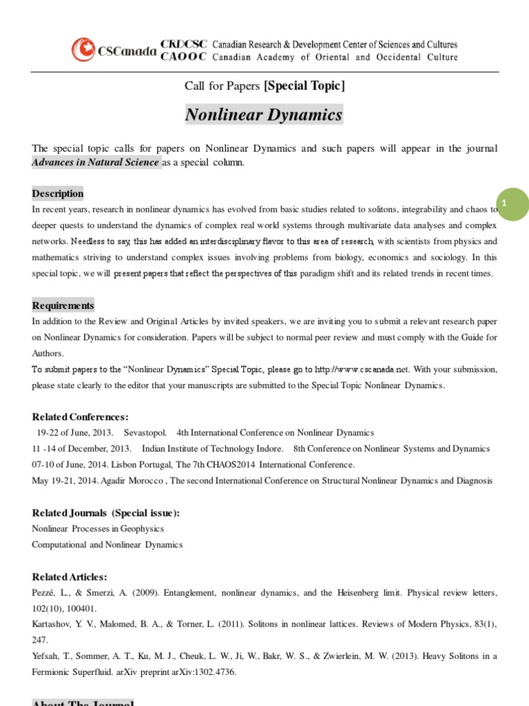 Nonlinear Dynamics Paper Call | PDF | Science And Technology | Academia