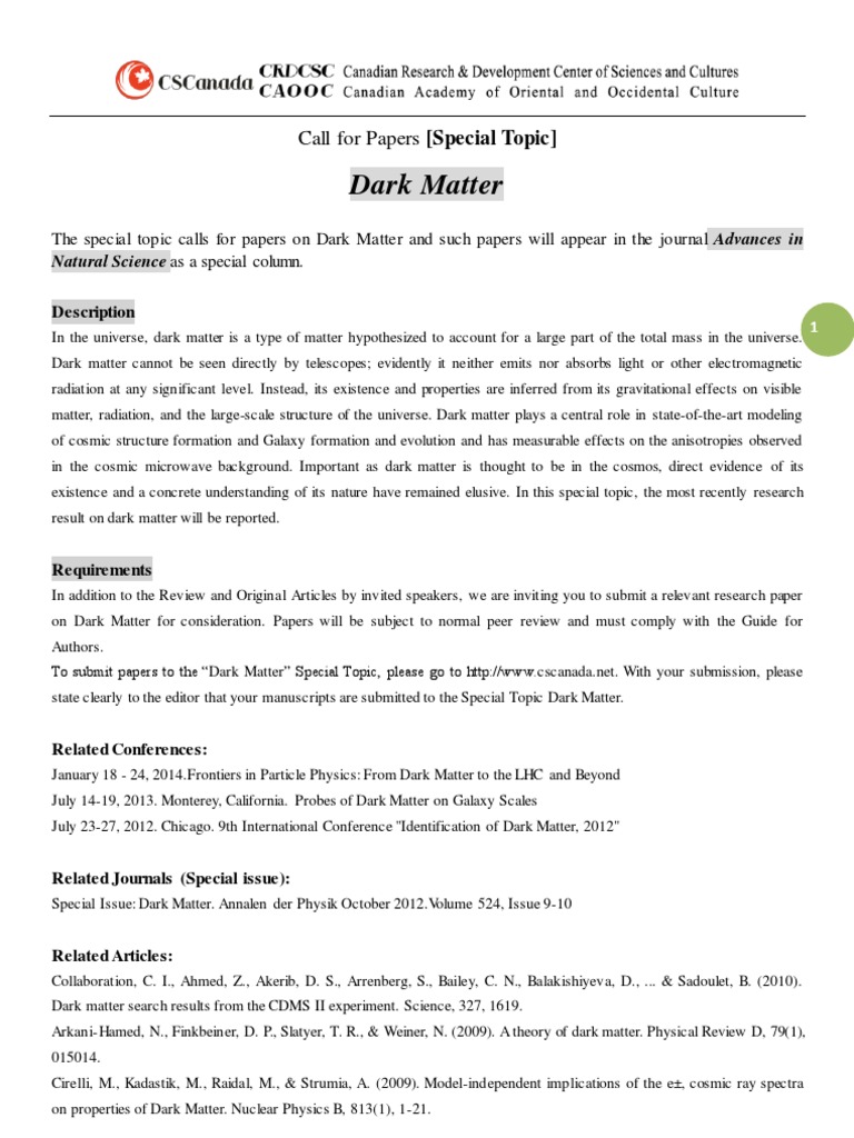 Call for Papers: Dark Matter Research | PDF | Dark Matter | Matter