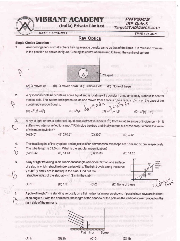Test Ray Optics | PDF | Lens (Optics) | Refraction