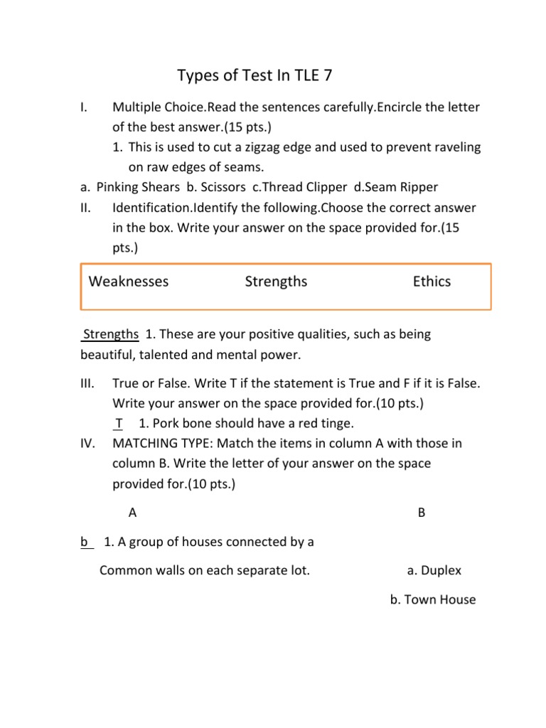 TLE 7 Test Types and Formats | PDF