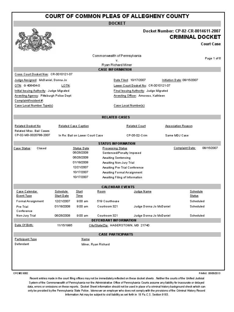 Docket Sheet: Commonwealth of PA v. Ryan Miner | PDF | Criminal Record ...