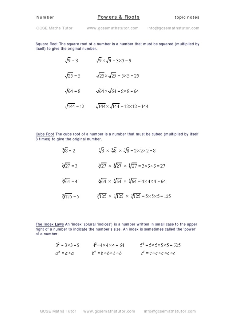 Powers & Roots, number revision from GCSE Maths Tutor