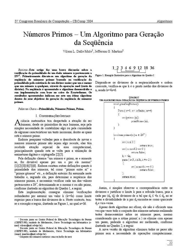 Numeros Primos Um Algoritmo para Geracao Da Sequencia | PDF | Algoritmos | Número primo