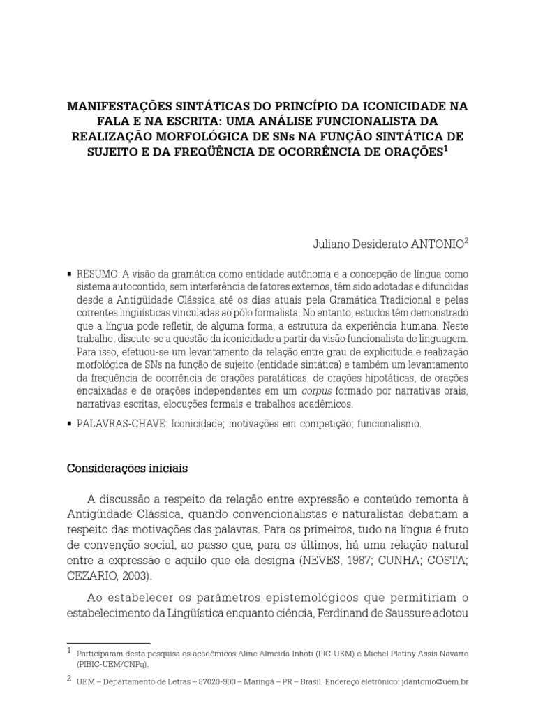 Princípio Da Iconicidade | PDF | Assunto (gramática) | Pronome