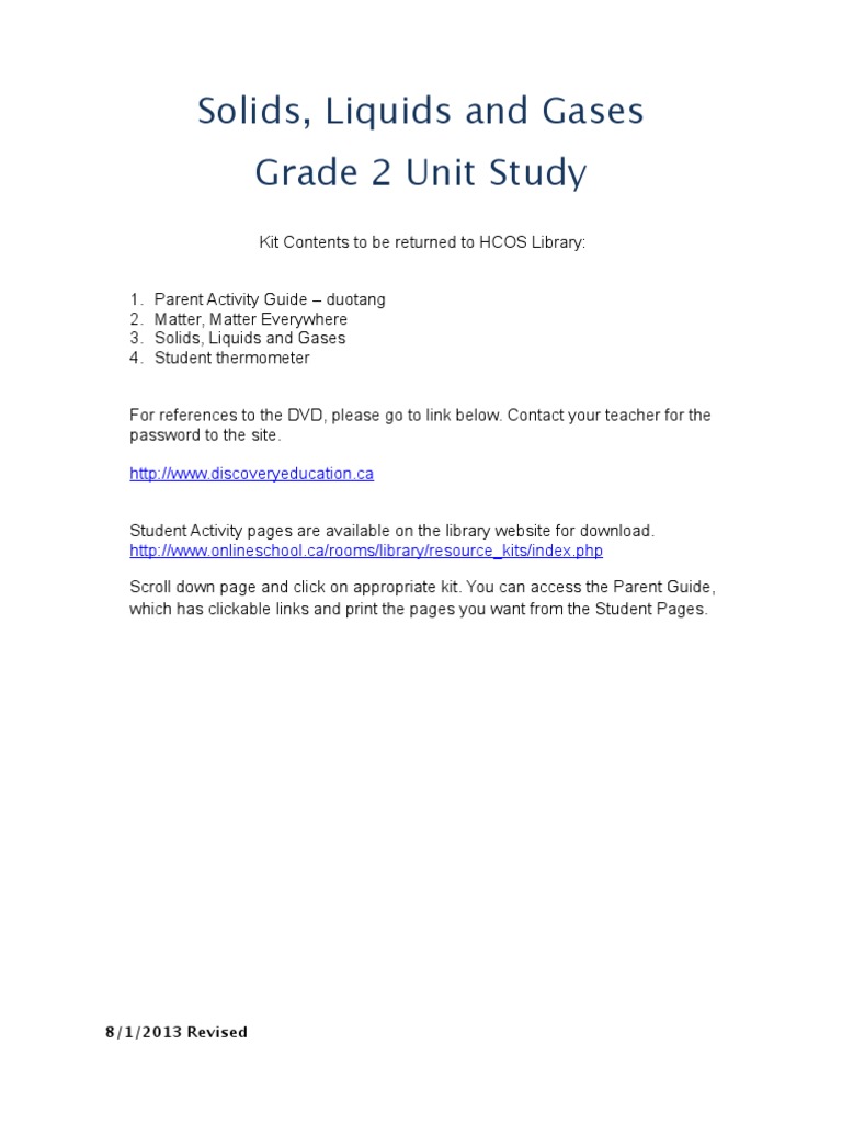 Solids, Liquids, Gases Parent Guide | PDF | Notebook | Liquids