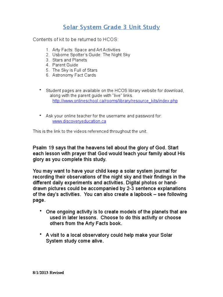 Solar System Grade 3 Unit Study: Contents of Kit To Be Returned To HCOS ...