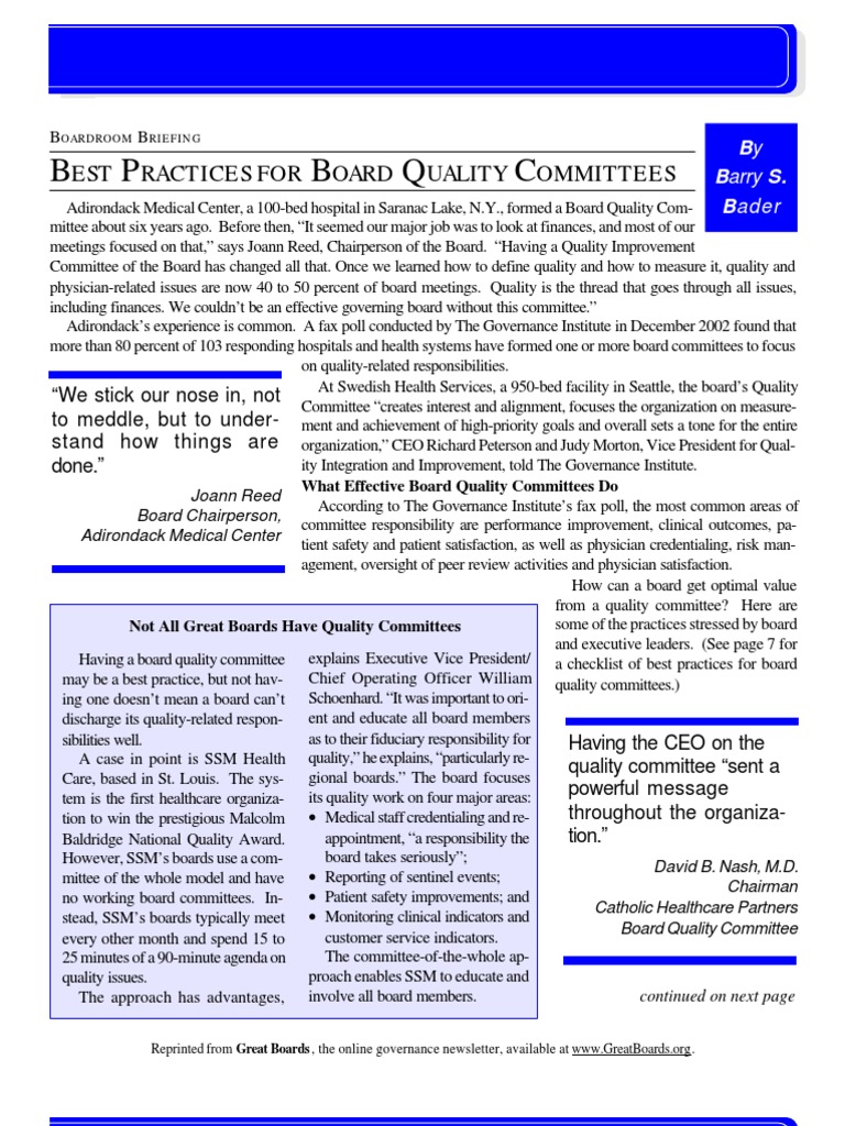 Board Quality Committees Best Practices | PDF | Patient Safety | Goal