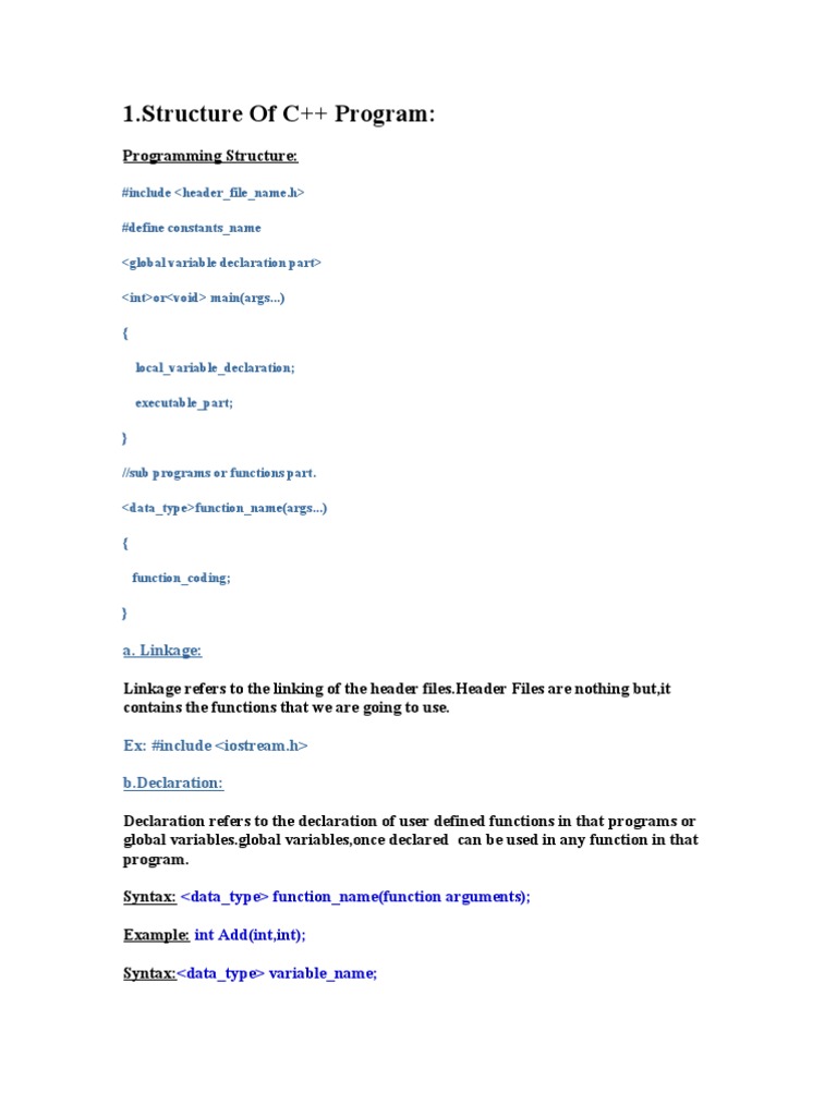 1.structure of C++ Program:: A. Linkage | PDF