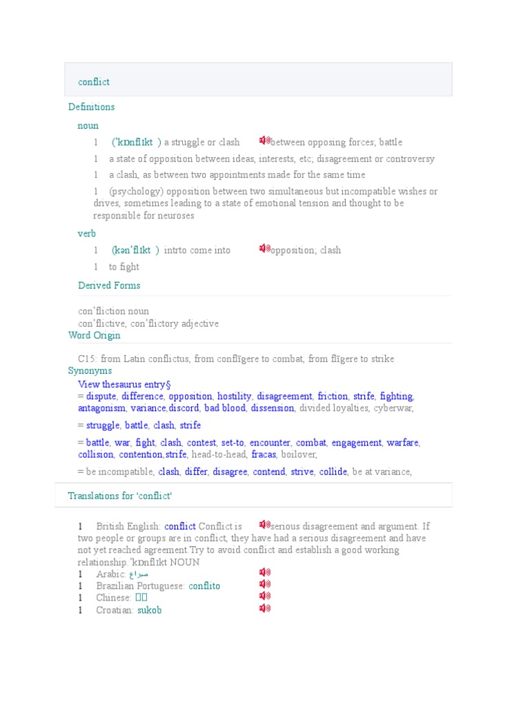 Conflict Definitions Noun (K NFL KT) Ɒ Ɪ | PDF | Languages | Language ...