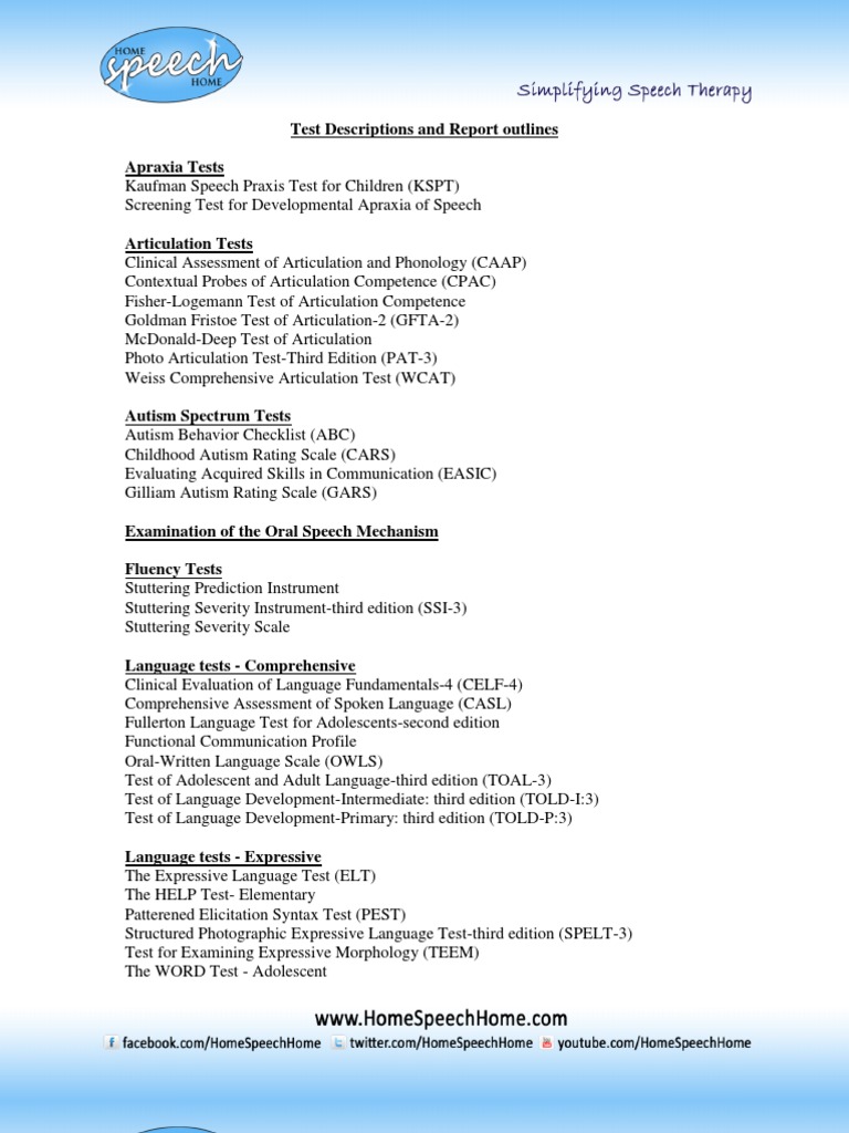 Speech Therapy Test Descriptions | PDF | Autism | Reading Comprehension