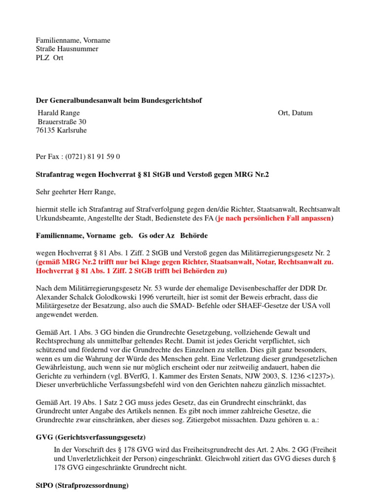 Vorlage Strafantrag Generalbundesanwalt