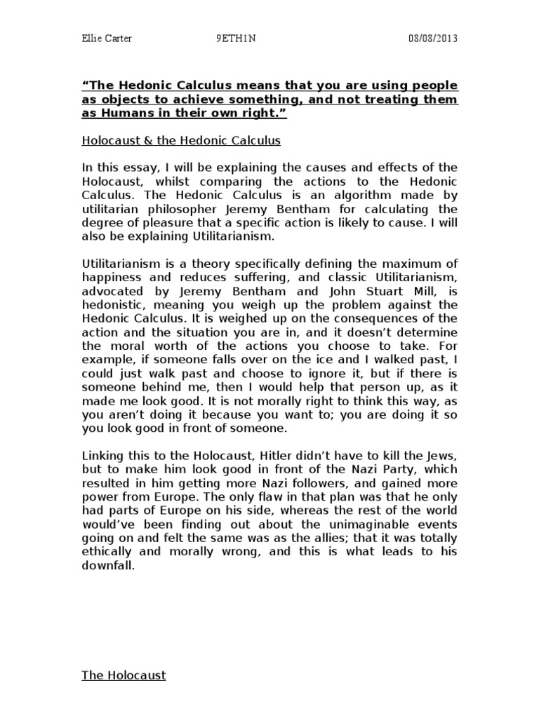 Hedonic Calculus Essay - Year 9 Ethics | PDF | Utilitarianism | Hedonism