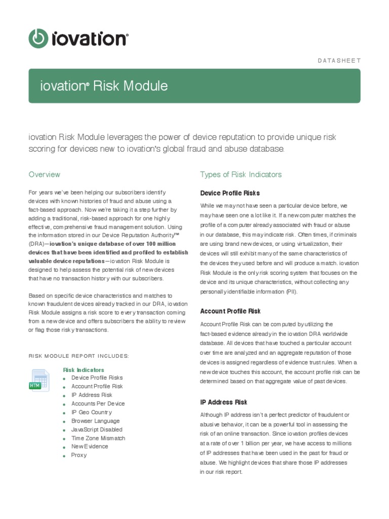 Iovation Risk Module Data Sheet | PDF | Fraud | Risk