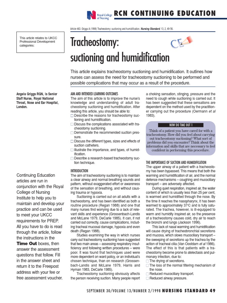 Tracheostomy Suctioning and Humidification | PDF | Respiratory Tract ...