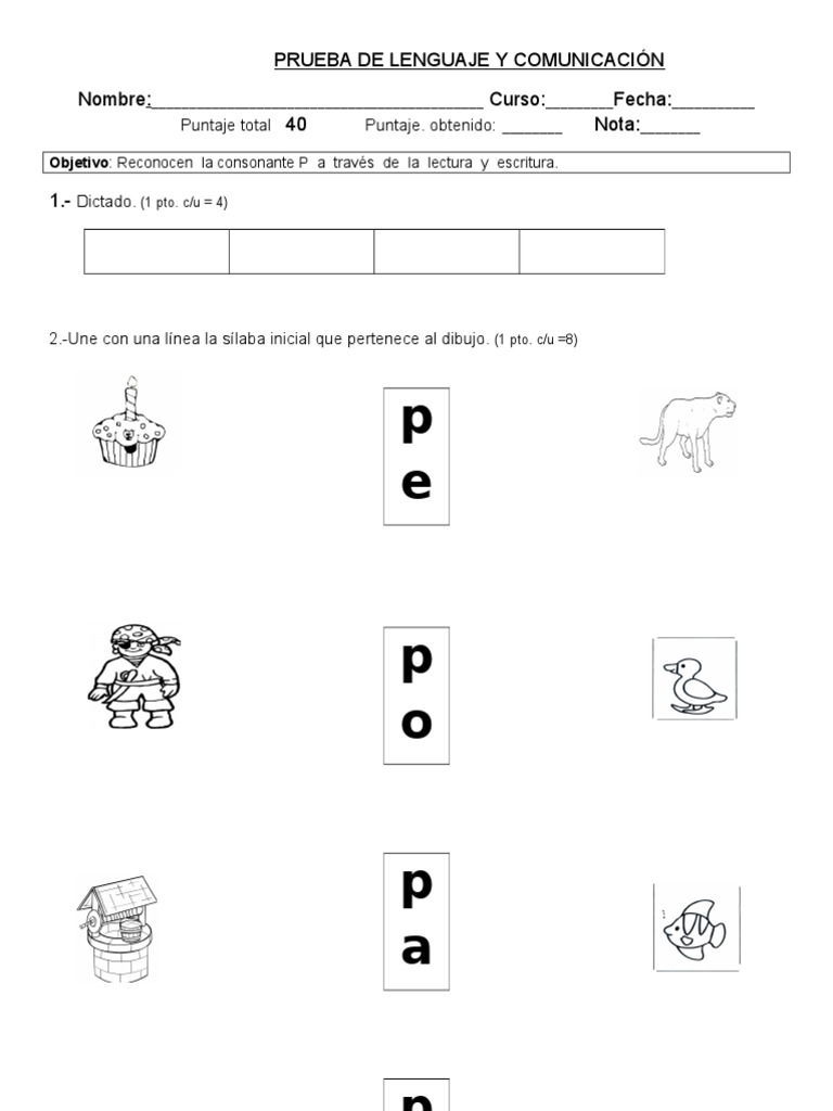 Prueba de Lenguaje Letra P y M | PDF