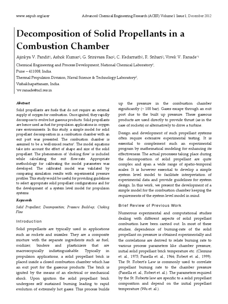 Decomposition of Solid Propellants in a Combustion Chamber | Rocket ...