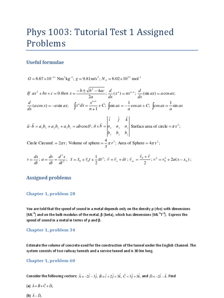 Phys 1003 Tutorial Test 1 Problems | PDF