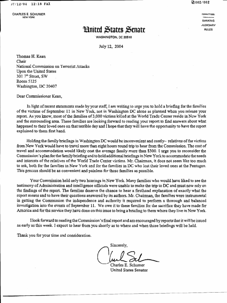 SD B1 Congress FDR - 7-12-04 Letter From Schumer Re Families Briefing ...