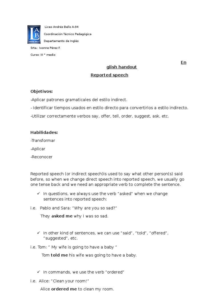 Guía de Reported Speech Ingles 3ºmedio | PDF | Linguistic Typology ...