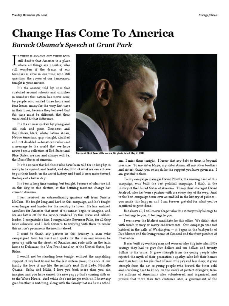 TRANSCRIPT Barack Obama Victory Speech at Grant Park 20081104 | PDF ... TRANSCRIPT Barack Obama Victory Speech at Grant Park 20081104 | PDF ...