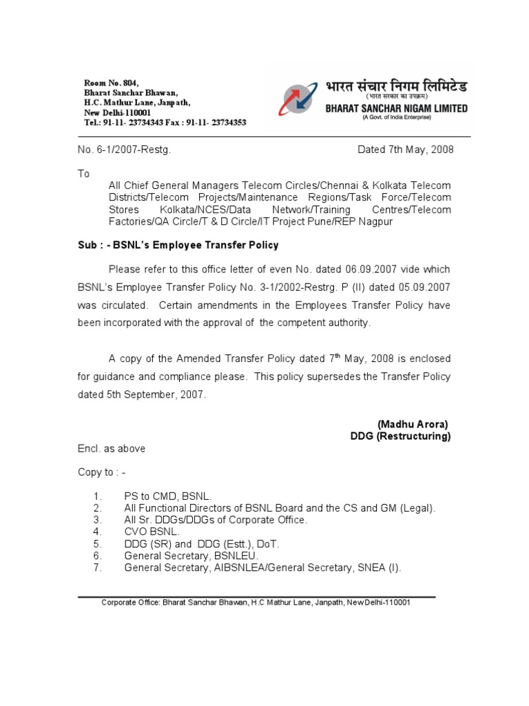 BSNL's Employee Transfer Policy Amendments 2008 | PDF | Employment ...