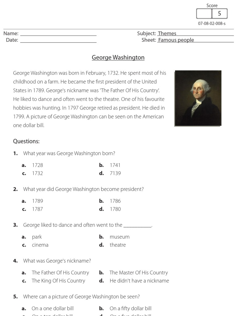 George Washington - Reading Comprehension For Primary/elementary ...
