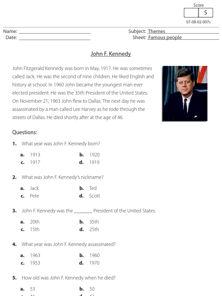 John F Kennedy - Reading comprehension for primary/elementary children