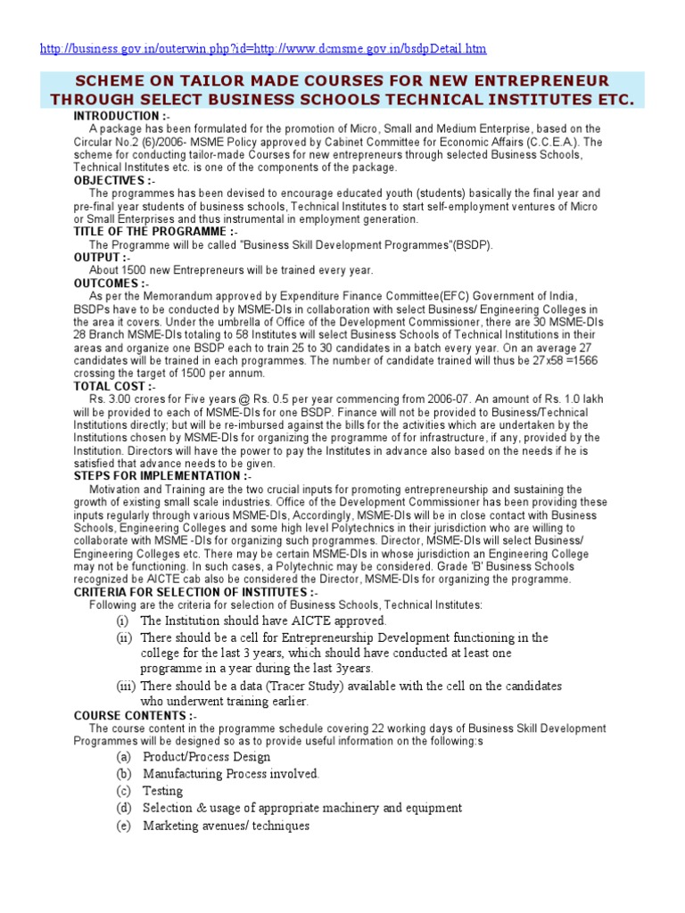 Scheme On Tailor Made Courses For New Entrepreneur Through Select ...