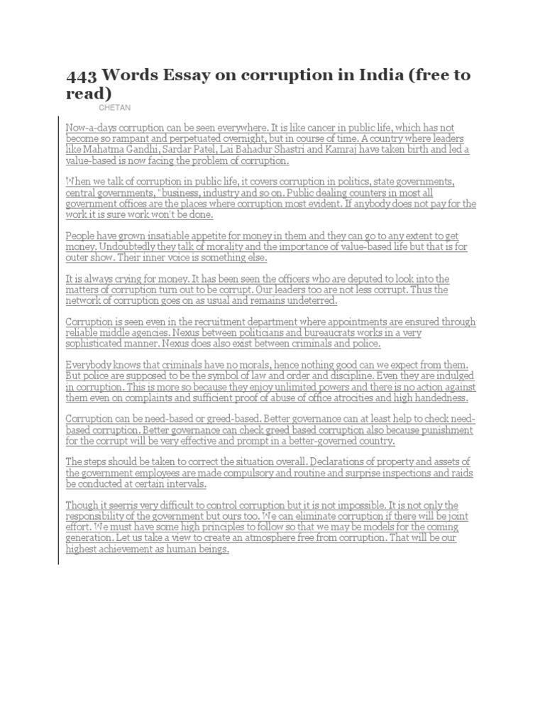 443 Words Essay On Corruption in India | PDF | Corruption | Police