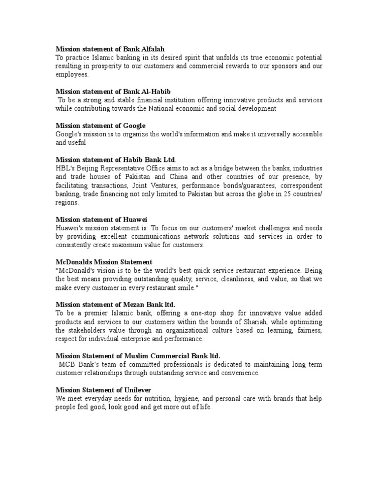 Mission Statements of Leading Pakistani Banks | PDF | Islamic Banking ...