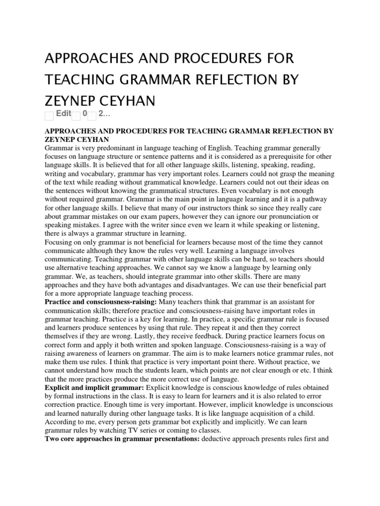 Approaches and Procedures For Teaching Grammar Reflection by Zeynep ...