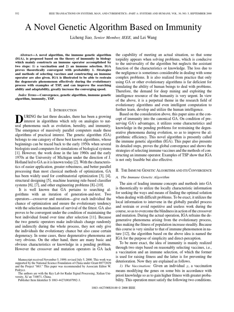 A Novel Genetic Algorithm Based On Immunity: Licheng Jiao, Senior ...