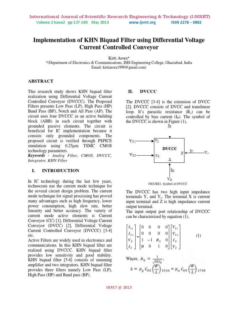 Implementation of KHN Biquad Filter Using Differential Voltage Current ...