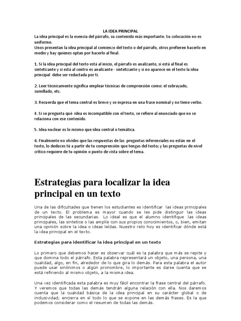 Estrategias para identificar la idea principal en un texto | PDF ...